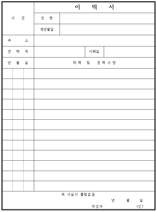 한글 기본 이력서 서식 Hwp 경력사항 생년월일등 한글 서식 다운로드